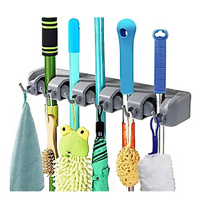 Mop and Broom Holder, Wall Mounted Organizer, Garage Storage Rack & Garden Tool Organizer, 5 Slots with 6 Hooks Kitchen, Garage and Laundry