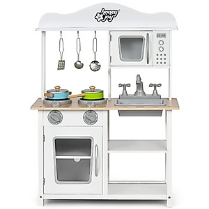 HONEY JOY Kids Wooden Kitchen Playset With Microwave, Sink, Stove & Oven, Cooking Accessories, Storage Shelf, Pretend Play Toy Kitchen Set, Gift for Boys Girls