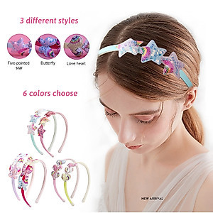 Fishdown Girls Headbands for Kids Glitter Toddler Girl Sequin Headbands Glitter Heart Rainbow Butterfly Star Non-slip Headbands with Teeth (6 PCS)