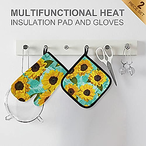 Oyihfvs Seamless Yellow Sunflowers on a Teal Blue Watercolor Texture Oven Mitts Pot Holders Sets Non-Slip Hot Pads Gloves for Kitchen Cooking Baking Grilling BBQ