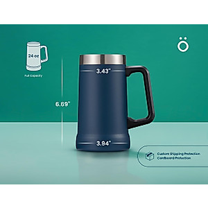KooK Beer Stein, Stainless Steel Coffee Mug, Tumbler with Thermal Vacuum Insulation, Big Grip, Adventure, Double Walled Drinking Cup, Large Handle, Shatterproof, Navy Blue, 24 oz