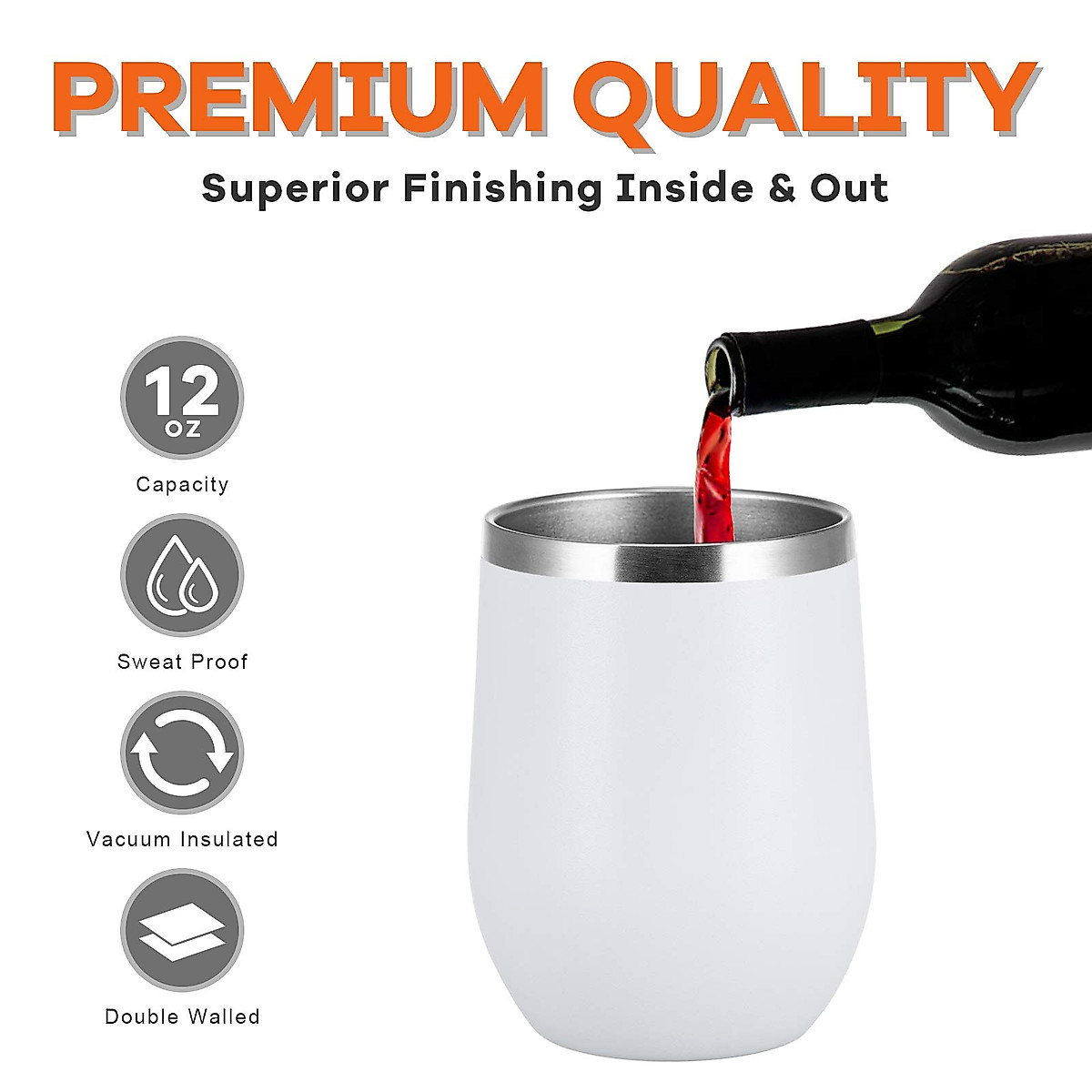 COMOOO 12oz Wine Tumbler with Lid and Straw, Stainless Steel Stemless Wine Glass, Double Wall Vacuum Insulated Wine Tumbler Cup for Gift, Cocktails,Beer,Champaign, White, 8 Pack