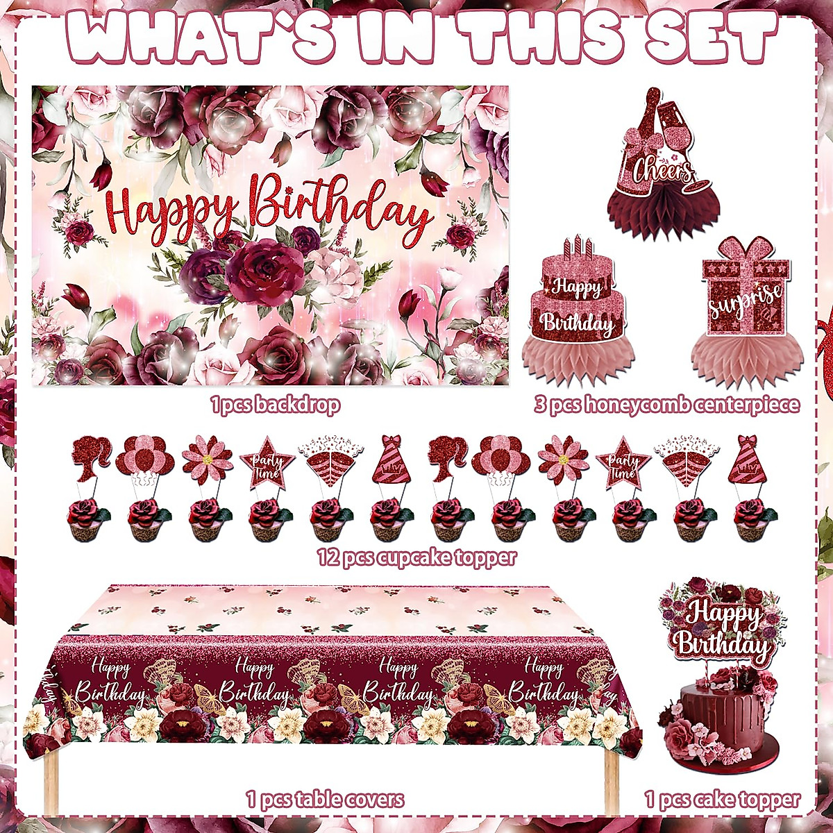 Cocomigo 134pcs Burgundy Birthday Decorations, Women Birthday Decorations Floral Birthday Balloons Arch Backdrop Tablecloth Honeycomb Centerpiece Cake Topper Burgundy Flower Birthday Decoration
