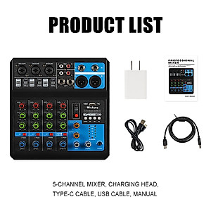 Mini audio DJ mixer Sound Board Console System,5 Channel 48V Phantom Power with Bluetooth USB MP3 Stereo live DJ Studio Streaming for professional recording party KTV stage