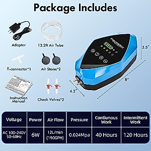 PONDFORSE Quiet AC/DC Aquarium Air Pump for up to 200 Gals Tank, Portable Battery Powered Air Pump with Long 48 Hours Battery Life, 2-Outlet Oxygen Pump for Outdoor Fishing and Emergency