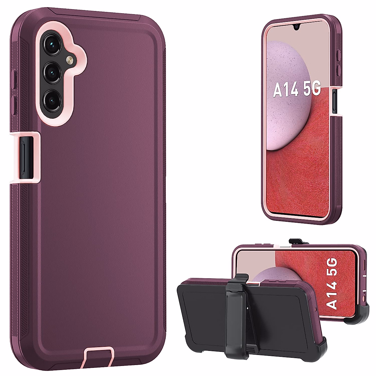 Nofnus for Samsung Galaxy A14 5G case,A14 5G Heavy Duty case,[Military Grade Protective ][Shockproof] [Dropproof] [Dust-Proof], ONLY Fit Galaxy A14 5G Phone (WineRed/Pink)