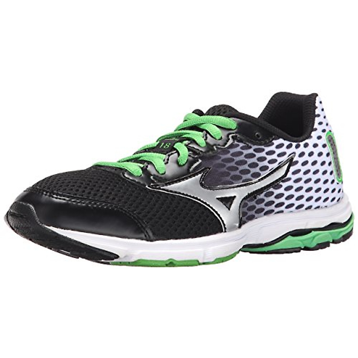 Mizuno Wave Rider 18 Junior Kids Running Shoe (Little Kid/Big Kid), Black/Classic Green, 2.5 M US Little Kid