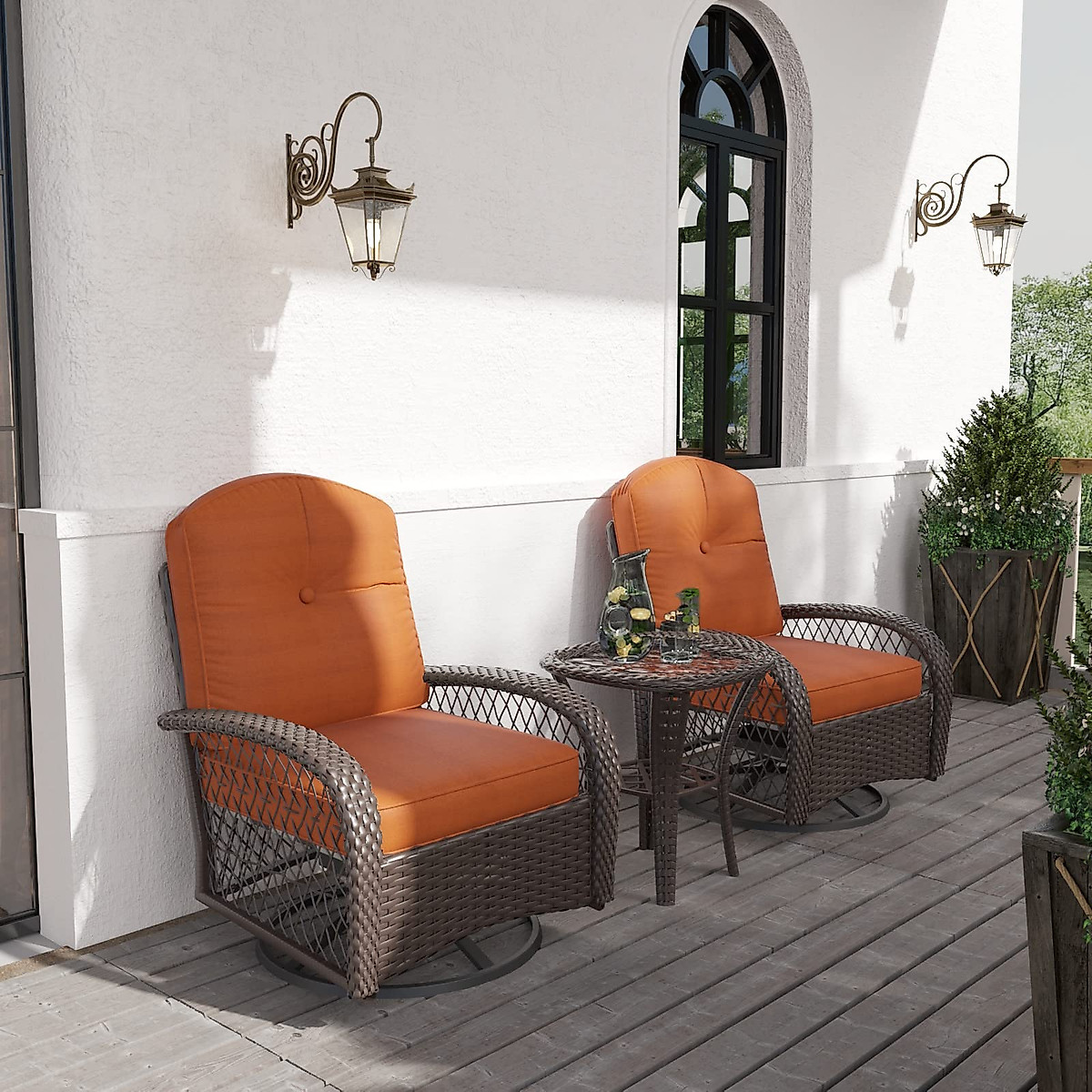 Apepro Patio Furniture Set,3 Pieces Outdoor Rocking Chair, Patio Wicker Chairs Set of 2,Patio Bistro Set with Premium Cushions and Coffee Table,Orange