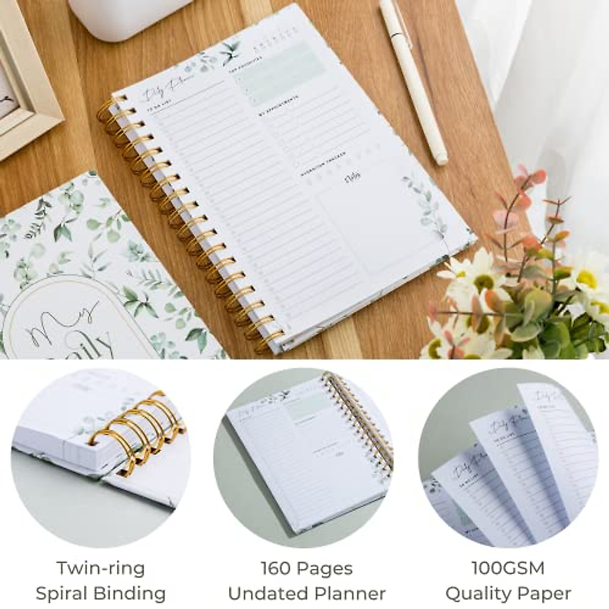 Daily Planner with Spiral Binding,6x9 Inches Undated Planner (To Do List),Greenery Design Daily To Do Planner, Habit Trackers, Time Management and Productivity Organizer