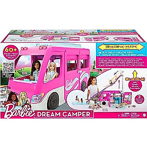 Barbie Camper Playset, Dreamcamper Toy Vehicle with 60 Accessories Including Furniture, Pool and 30-Inch Slide