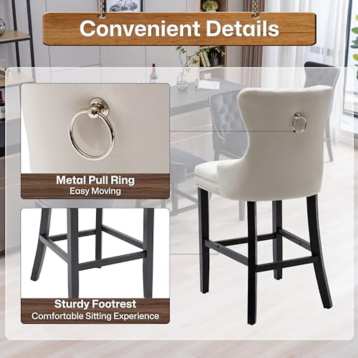 GOOLON Bar Stools Set of 2, Velvet 26 Inch Seat Height Counter Height Barstools with Back, Rivet Trim Bar Chairs for Kitchen Island Metal Pull Ring Wood Legs, Beige