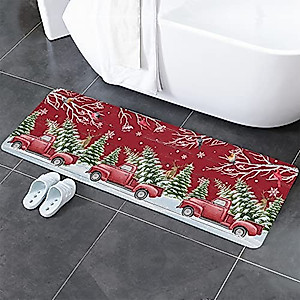 Libaoge Kitchen Mat Rug 1 PCS Christmas Truck Xmas Tree Snow Red Background Runner Rug Anti-Fatigue Comfort Memory Foam Standing Mat Non-Slip Floor Door Mat for Bathroom Bedroom 20x63in