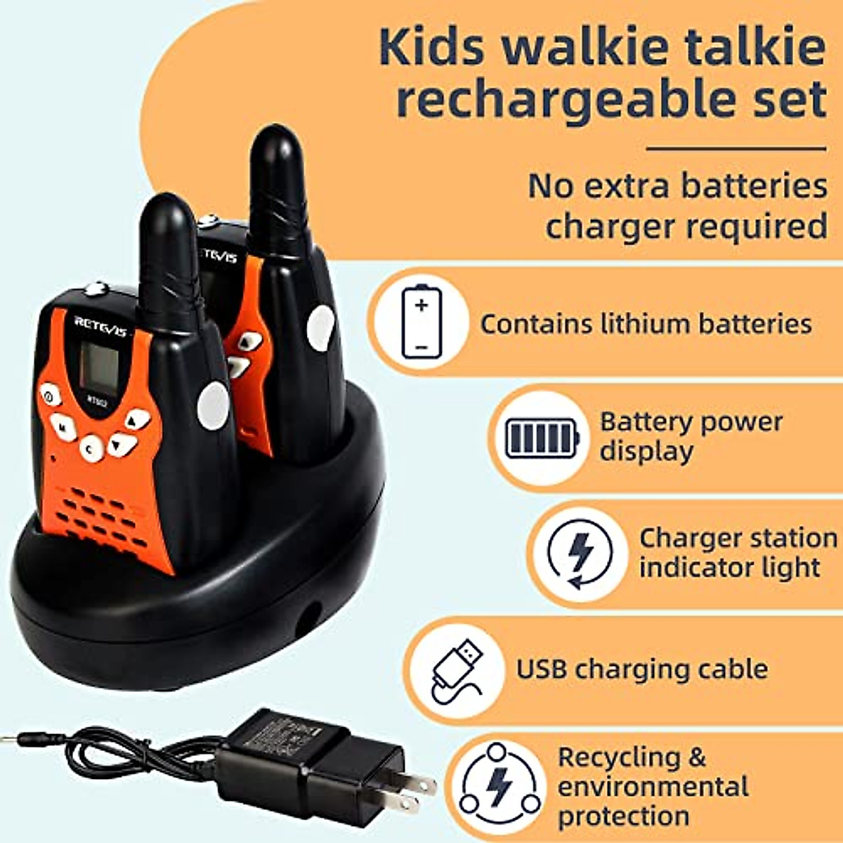 Retevis RT-602 Walkie Talkies Rechargeable,Toy with Lithium Batteries,Charger Station,22 CH,Flashlight,Kids Gifts for Boys Girls,Neighborhood,Camping(2 Pack,Orange)