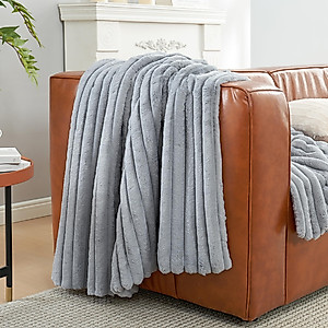 Amélie Home Soft Faux Fur Throw Blanket for Couch, Warm Luxurious Faux Rabbit Fur Striped Throw Blanket, Cozy Fluffy Plush Fur Blanket for Sofa Chair Bed Living Room, Light Grey, 50"x 70"