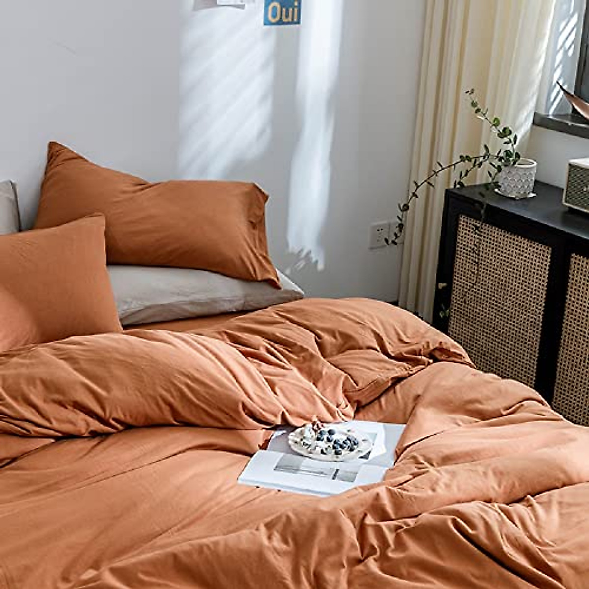 AMWAN Jersey Knit Cotton Duvet Cover Set Solid Pumpkin Color Bedding Set Luxury Soft Knit Cotton Comforter Cover King Size 3 Piece Bedding Set 1 Duvet Cover 2 Pillowcases King Duvet Cover Set