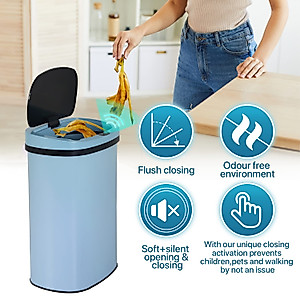 Dkeli Kitchen Trash Can for Bathroom Bedroom Home Office Automatic Touch Free High-Capacity Garbage Can with Lid Brushed Stainless Steel Waste Bin 13 Gallon / 50L - Blue