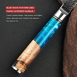 WAK Professional Sharp Kitchen Utility Knife 5 inch, High Carbon Stainless Steel Damascus Cooking Knife, Japanese Cutlery Knife with Non-stick Blade, Blue Resin Wood Ergonomic Handle
