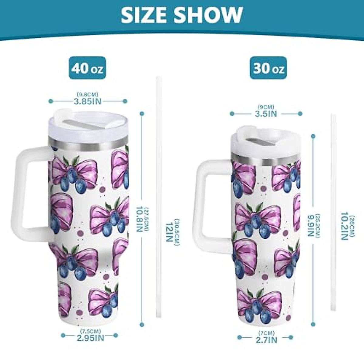 DIGTIA Stainless Steel Insulated Tumbler w/Handle & Straw, Bowknot Double Wall Vacuum Travel Coffee Mug Cup w/Lid, Leak-Proof Sports Blueberry Water Bottle,40oz