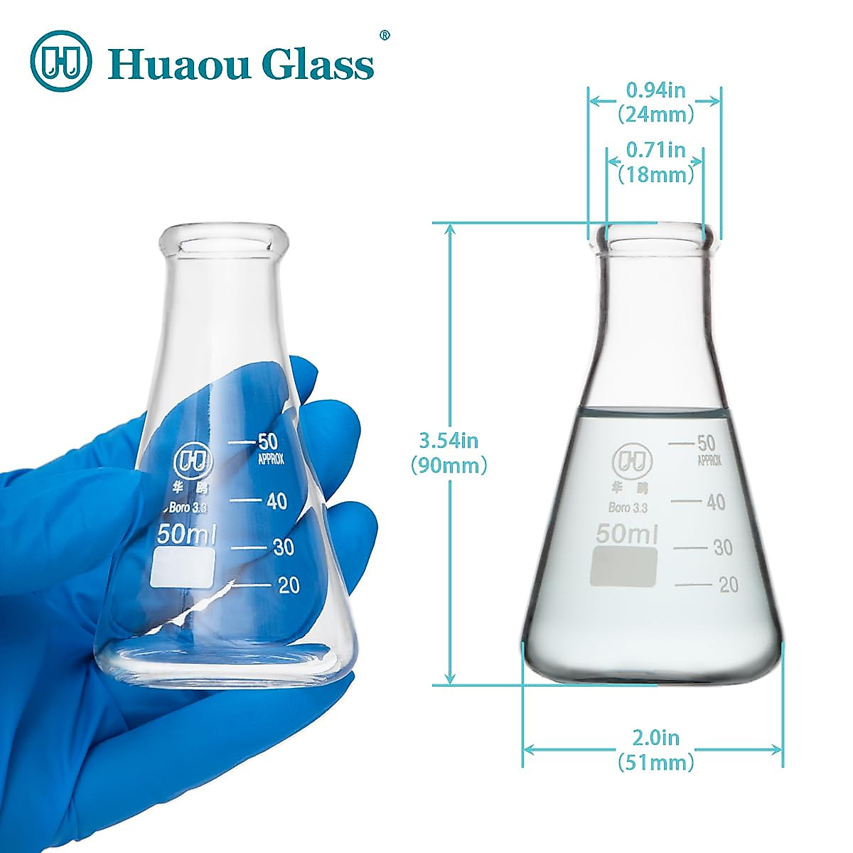 50ml Glass Erlenmeyer Flask Set, Narrow Mouth Graduated Flasks, 3.3 Borosilicate Glass, Ideal for Laboratory, Classroom or Home Use, HUAOU, Pack of 6