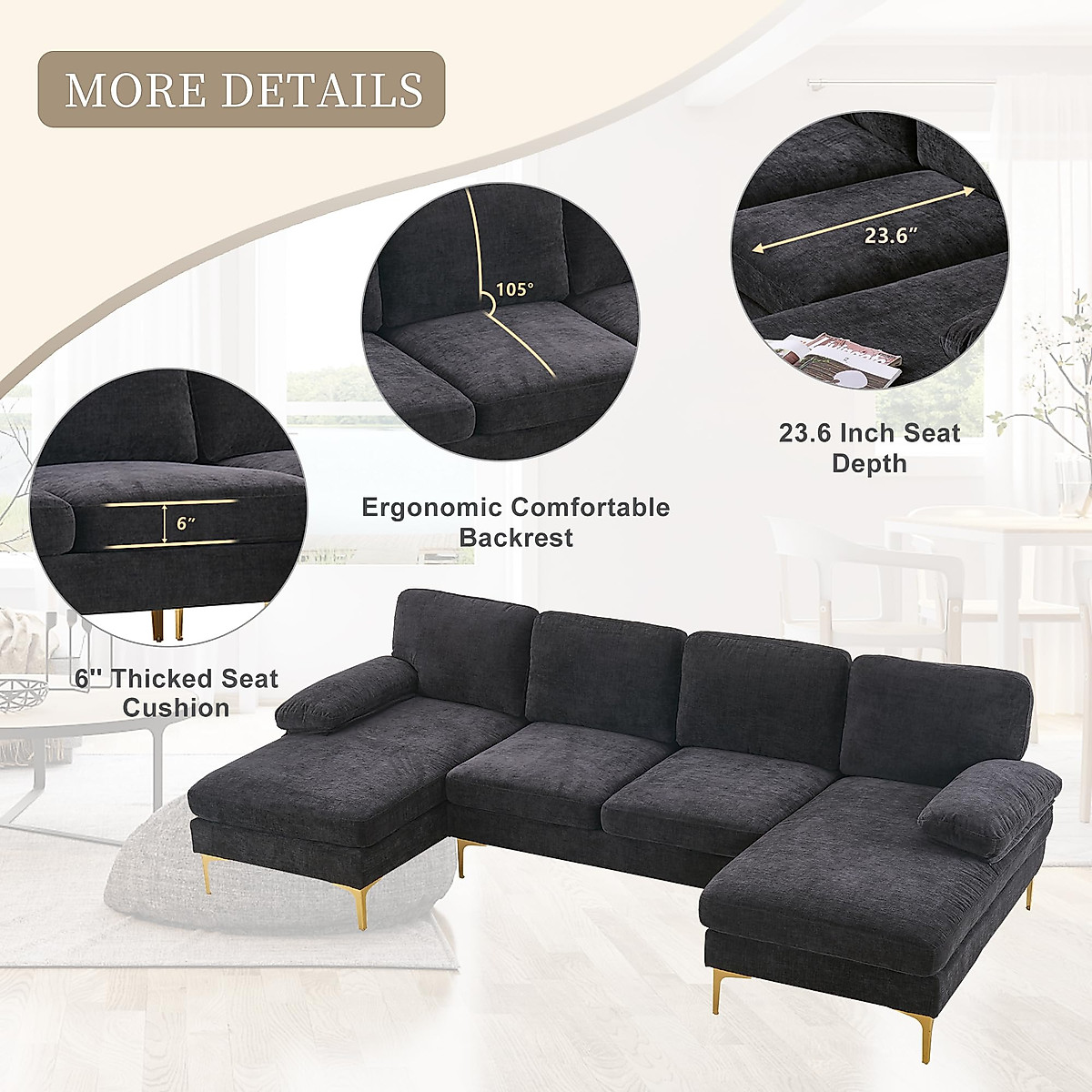 VERYKE U Shape Sectional Sofa Couch,Modern 110'' Chenille Fabric Sectional Couch Sofa, Upholstered Sofa Bed with Golden Metal Legs for Living Room