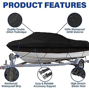 Waterproof 17'- 19' Boat Cover - Heavy Duty 600D Dual PU Trailerable Marine Grade Polyester Canvas, Fits 17-19ft V-Hull, Tri-Hull, Fishing Boat, Runabout, Pro-Style Bass Boat with Tightening Strap