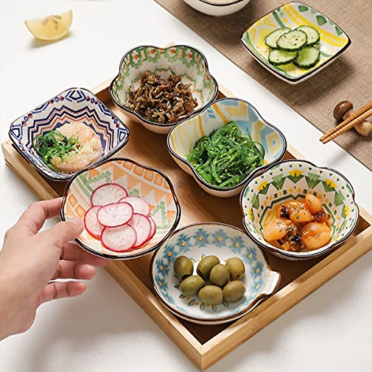 RareCi Dip Bowls 4 Oz - 6-Pack Little Dipping Bowl Set - Mini Ceramic Bowl - Small Condiment, Appetizer, Snack, Soy Sauce Dish - Cute Serving Bowls for Parties(Pentapetalous)