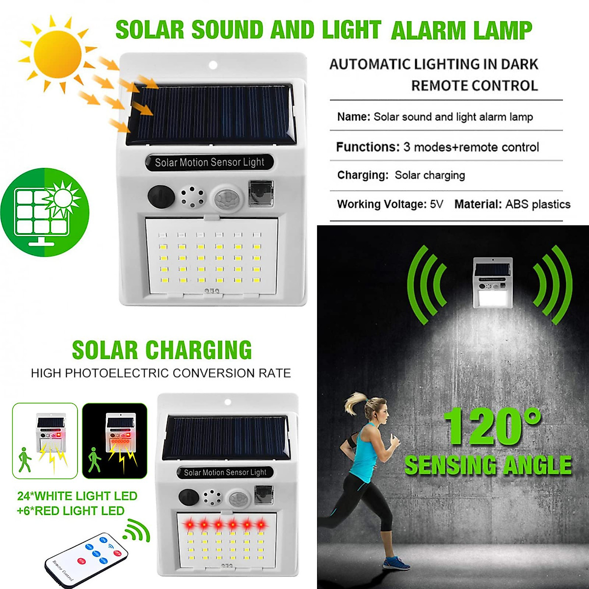 AMZSTAR Solar Motion Sensor Security Lights Wall Lights with Remote Solar Sound Alarm Strobe Light,3 Modes Waterproof Solar Alarm Lights Outdoor Solar Lamp for Farm,Barn,Villa,Yard,Garden (2pcs)