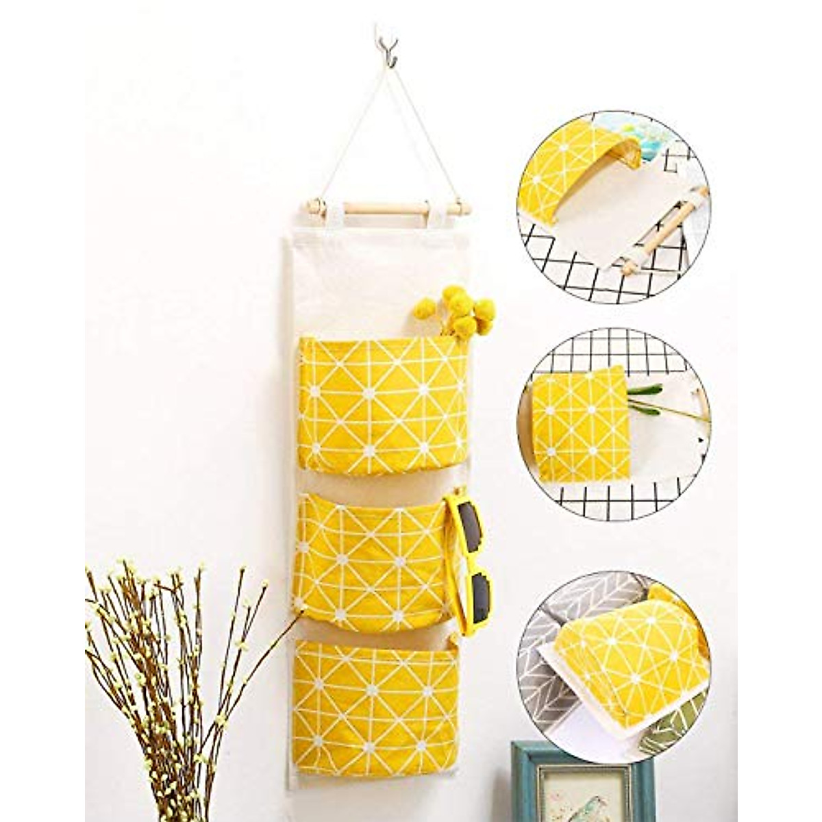 Ranvi 3PCS Wall Hanging Storage Bag, Waterproof Over The Door Closet Organizer with 3 Remote-Sized Pockets for Bedroom, Bathroom(Yellow + Gray +Green)