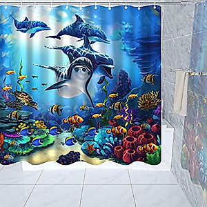 4 Pcs Dolphin Shower Curtain Set with Rugs, Toilet Lid Cover Bath Mat ,Blue Ocean Sea World Decoration Shower Curtain with 12 Hooks,65 x 70 Inches Waterproof Dolphin Shower Curtain for Bathroom Set…