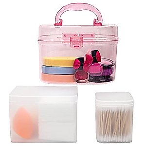Plastic Square Storage Bin-Cabinet,Gift Box Portable Vanity Organizer with Secure Lid and Handle, Clear Container Box for Toiletries (1 Red Box + 1 Middle Box + 1 Small Box)