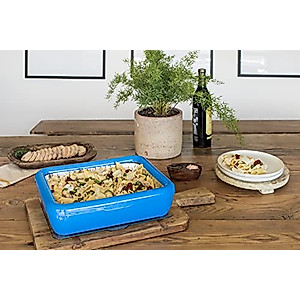 Fancy Panz Premium Dress Up & Protect Your Foil Pan, Made in USA. Hot/Cold Gel Pack, One Half Sized Foil Pan & Serving Spoon Included. Stackable for easy travel. (Denim Blue)
