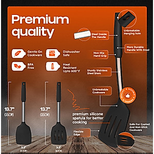 BakeRoyal Silicone Spatula Set - Turner Spatulas Silicone Heat Resistant 600°F - Slotted & Solid Silicone Spatulas for Cooking Fish, Eggs, Pancakes Flipper – Silicone Cooking Utensils Set – Black