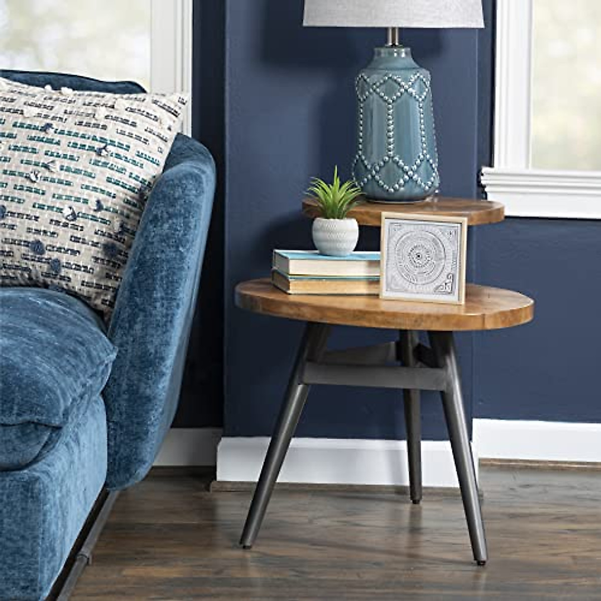 Powell Natural Wood & Gun Metal Grey Stand Bruno, Two Tiered Plant Side Table, Brown and Black