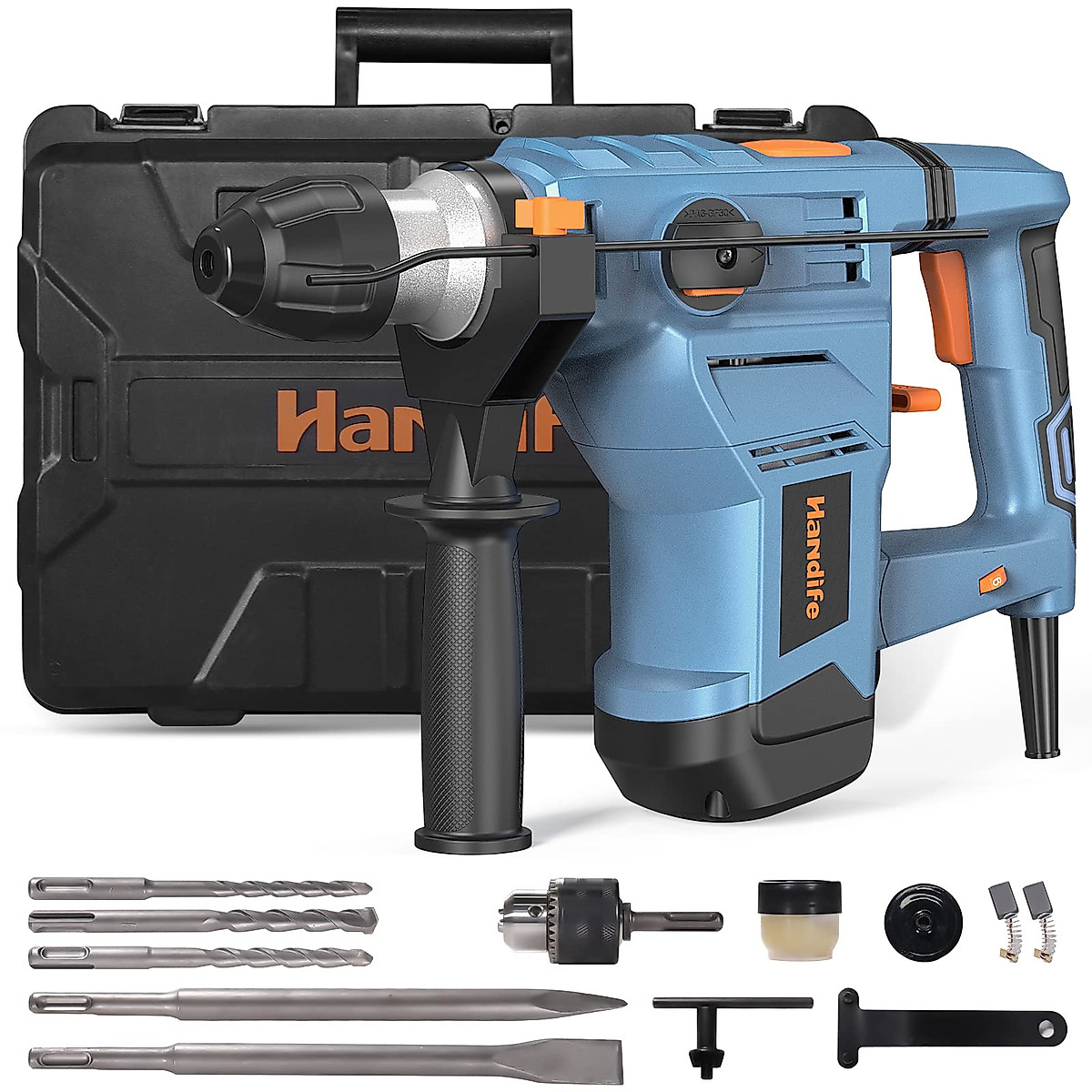 y Duty Rotary Hammer Drill 12.5 Amp, 1-1/4'' SDS-Plus, 3 Functions with Vibration Damping Technology, Safety Clutch, 6-Speed Regulation, Used for Concrete, Metal, and Stone (Blue)
