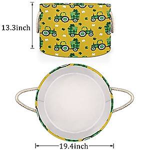 Checkered Tractor Clover Leaves St Patrick's Large Round Baskets for Storage Laundry Baskets with Handles Blanket Storage Basket for Bathroom Shelves Bins for Organizing Nursery Hamper Girl Boy