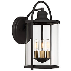 Avani Farmhouse Outdoor Wall Light Fixture Black Brass 17" Cylindrical Clear Glass Shade for Exterior House Porch Patio Outside Deck Garage Yard Front Door Garden Home Entryway - John Timberland