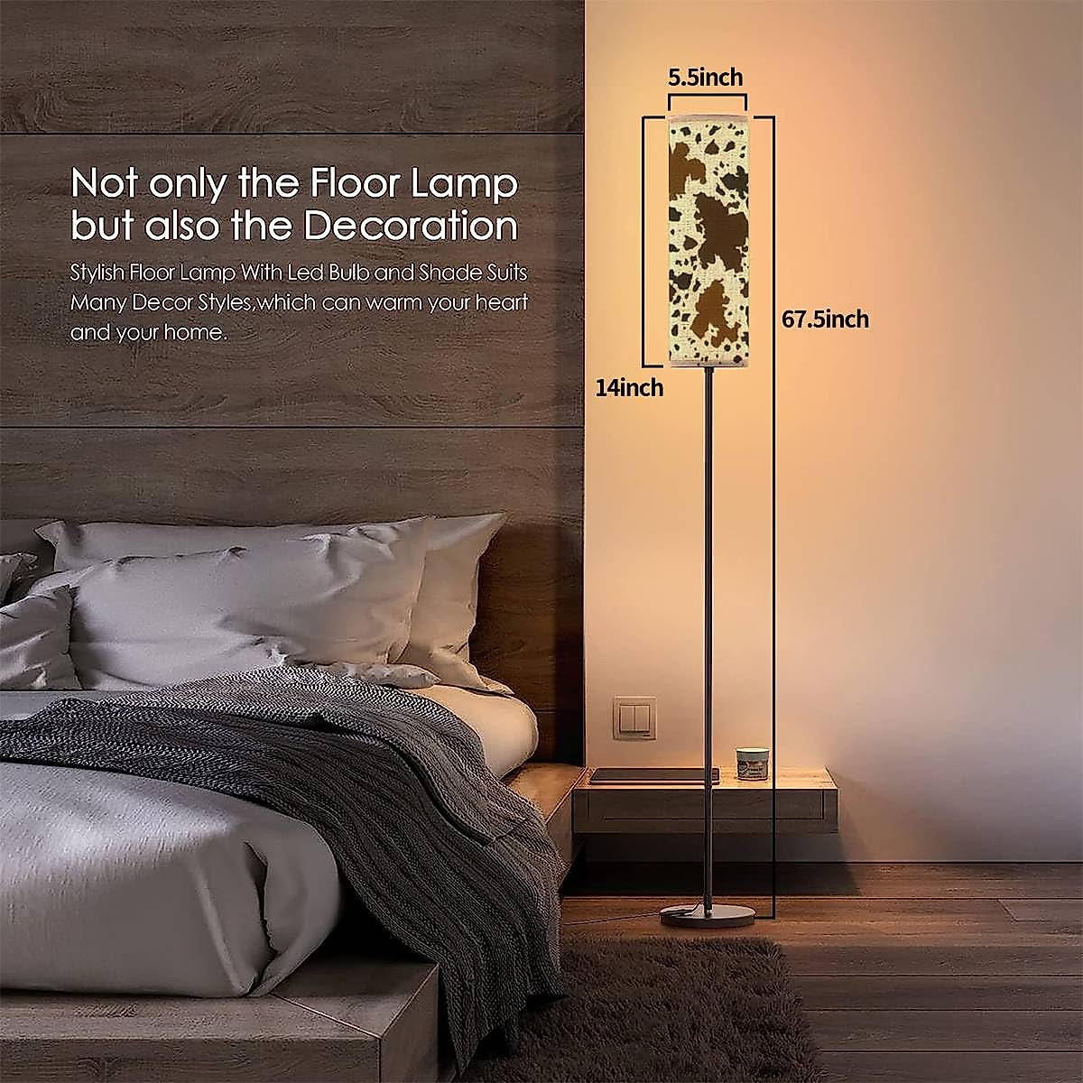 RZNTJHUINA Modern Standing Lamps Cow Leather Skin Brown Country Farmhouse Floor Lamp Rustic Metal Pole Lamp with Linen Lampshade for Bedroom Living Room Office Nursery Reading Foot Switch