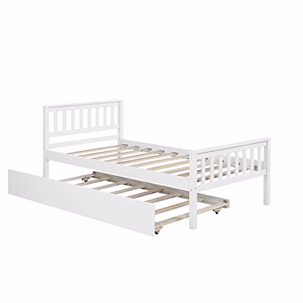 Twin Platform Bed with Trundle, Solid Wood Bed Frame with Headboard, Footboard for Teens Boys Girls,No Box Spring Needed (White)
