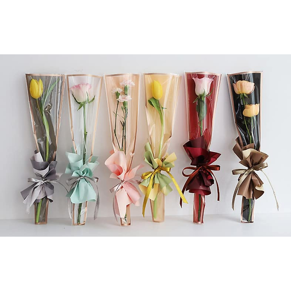 Rikyo 200 Counts 4 Colors Single Rose Packaging Bags,Gold Edge Single Rose Sleeve,Waterproof Flower Bouquet Sleeve Bag for Mother's day Valentines Day Wedding Birthday Gift