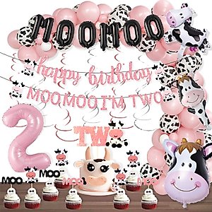 134 PCs Moo Moo I’m Two Birthday Decorations, Fiesec Cow 2nd Birthday Party Supplies for Girls Hanging Swirl Balloon Garland Arch Glitter Banner Cake Cupcake Topper Cow Print Pink White Black