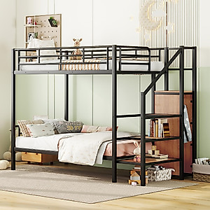 URTR Metal Twin Over Twin Size Bunk Beds, Heavy-Duty Twin Bunk Bed with Stairs and Wardrobe for Boys Girls Teens Bedroom Dormitory, Black