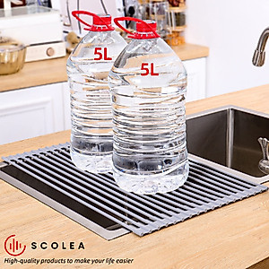 SCOLEA Roll Up Dish Drying Rack Over The Sink, Medium 17.1”x13.1” Heavy Duty, Multipurpose Roll-Up Foldable Silicone Coated Collapsible Drainer for Kitchen Sink (Warm Gray, Medium 17.1”x13.1”)