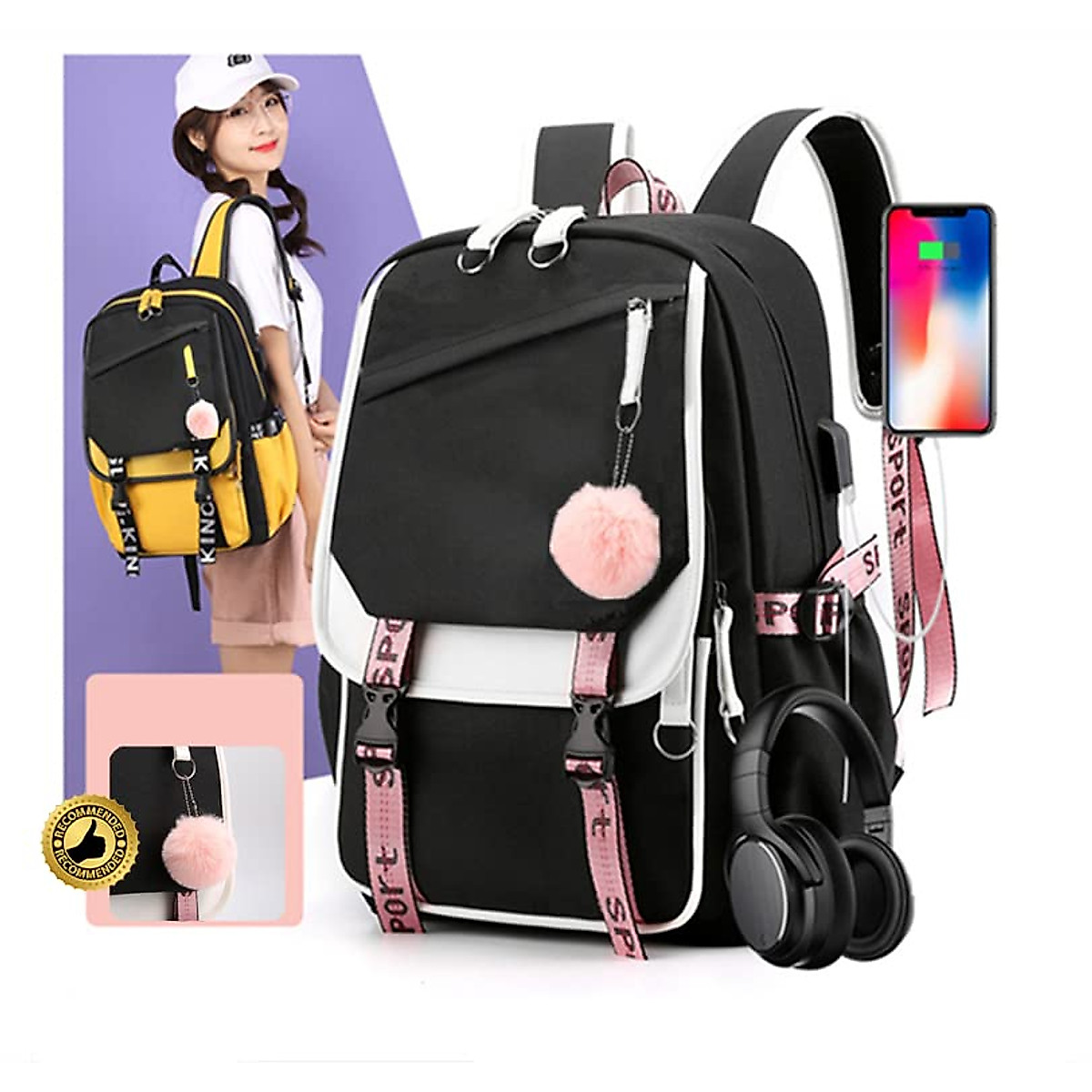 Girls Lightweight Backpack Casual USB Backpack Portable Laptop Computer Bag Durable Teens Book Bag Black and Pink(17 in)