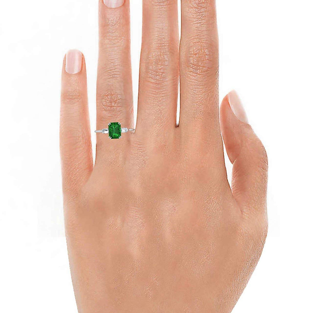 Diamondere Natural and Certified Emerald and Diamond Baguette Engagement Ring in 14K White Gold | 0.76 Carat Three Stone Petite Ring for Women, US Size 7.5