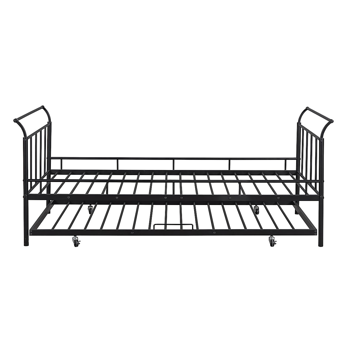 Full Size Daybed with Trundle Twin, Heavy Duty Daybed with Curved Handle and Slats, Metal Daybed for Kids, Girls, Boys, No Box Spring Needed, Black Day Bed Full Size