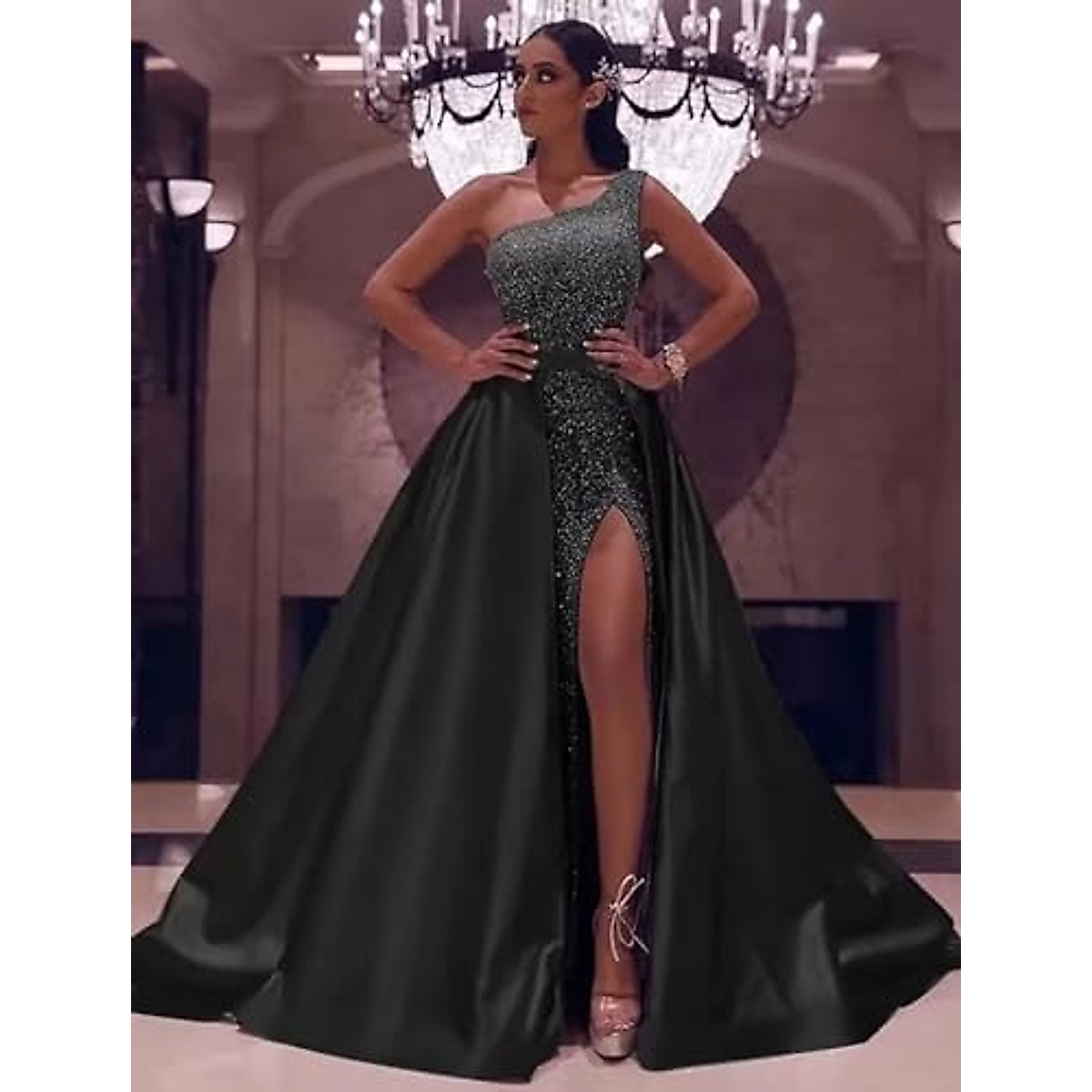 One Shoulder Sequin Prom Dresses Long Satin Ball Gowns for Women Sparkly Mermaid Formal Evening Dress with Slit Hot Pink (US20)