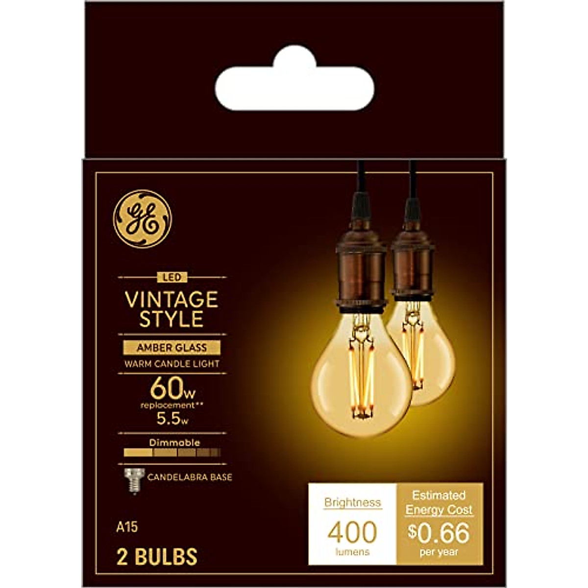 GE Lighting Vintage Style LED Light Bulbs, 60 Watt Eqv, Amber Glass, Warm Candle Light, A15 Standard Bulb, Small Base (2 Pack)