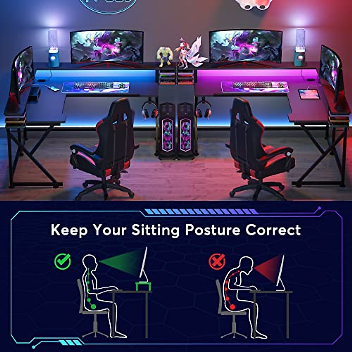 Tribesigns L Shaped Gaming Desk with Led Lights & Power Outlet, Corner Computer Desk with Monitor Stand, PC Stand Shelf, Ergonomic Gaming Table Gamer Desk with USB Port & Hook for Home Office (Black)