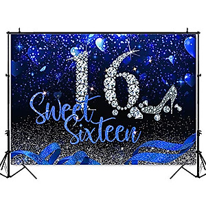 Mocsicka Sweet 16 Birthday Backdrop for Girls Blue and Silver Swwet Sixteen Decoration Happy 16th Birthday Banner Glitter Diamonds Background 16 Birthday Party Supplies (7x5ft (82x60 inch))