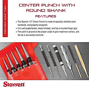 Starrett Steel Center Punch with Round Shank and Knurled Finger Grip - Hardened and Tempered, 5" (125mm) Length, 1/4" (6.5mm) Diameter Tapered Point
